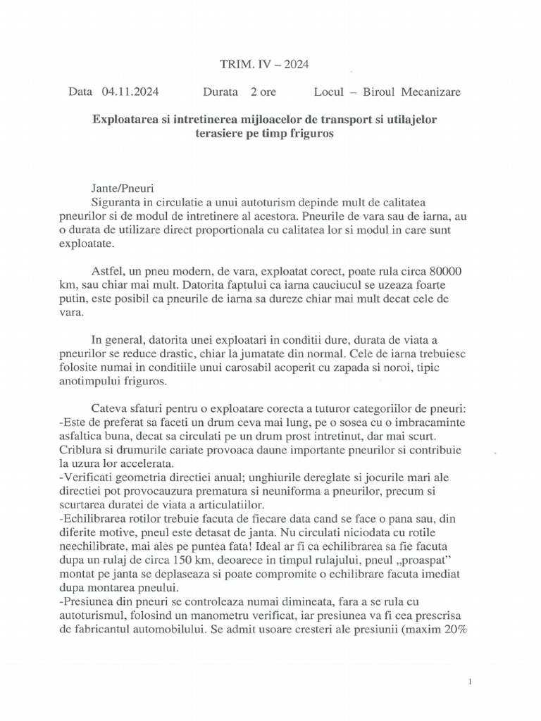 Exploatarea Si Intretinerea Autovehiculelor Pe Timp Friguros | PDF