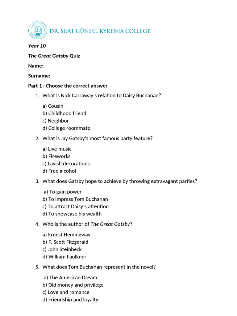 The Great Gatsby Quiz | PDF | The Great Gatsby | Novels