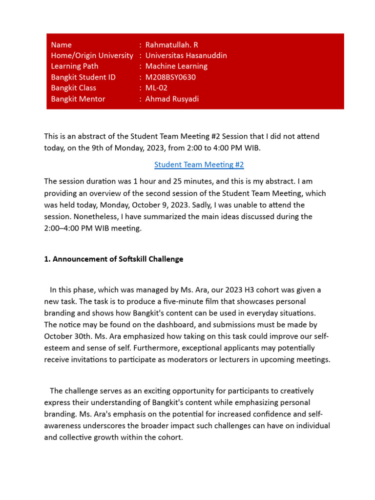 Abstract - Bangkit Student Team Meeting 2 | PDF | Learning | Cognition