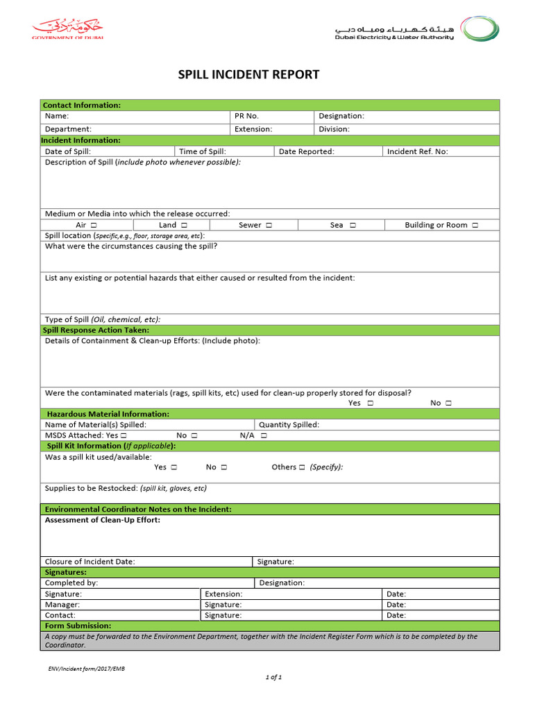 Spill Incident Report Form | PDF | Environmental Issues | Pollution