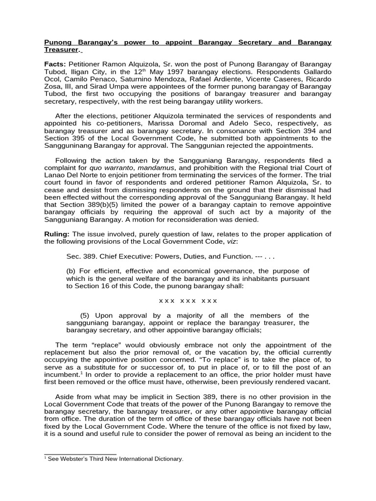 Punong Barangay's Power To Appoint Barangay Secretary & Banrangay ...