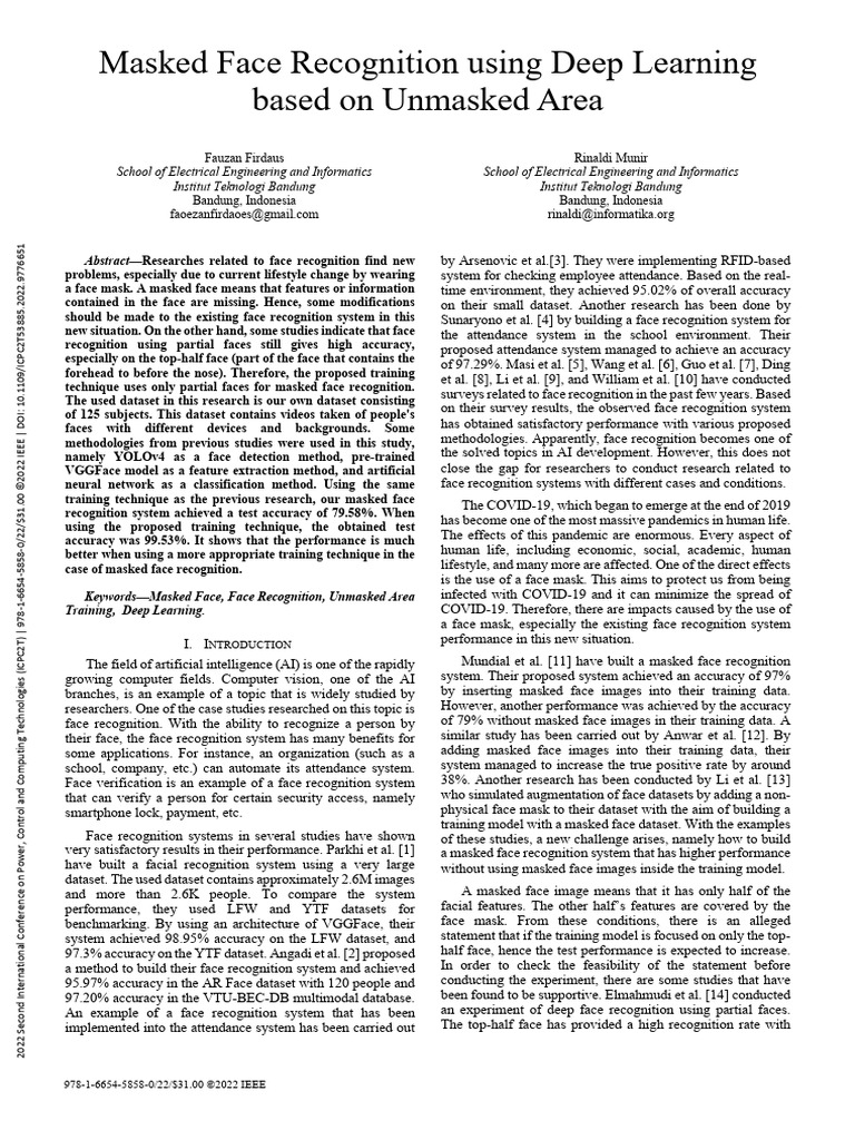Masked Face Recognition Using Deep Learning Based On Unmasked Area | PDF | Artificial ...