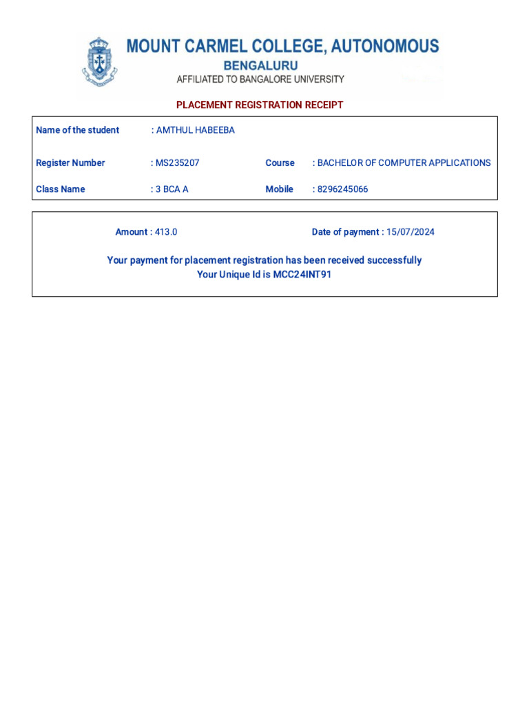 Placement Registration Receipt | PDF