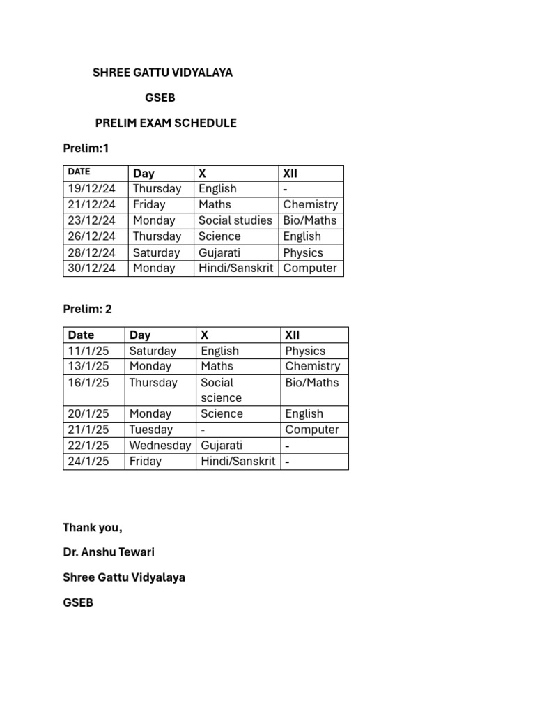 Prelim Timetable | PDF