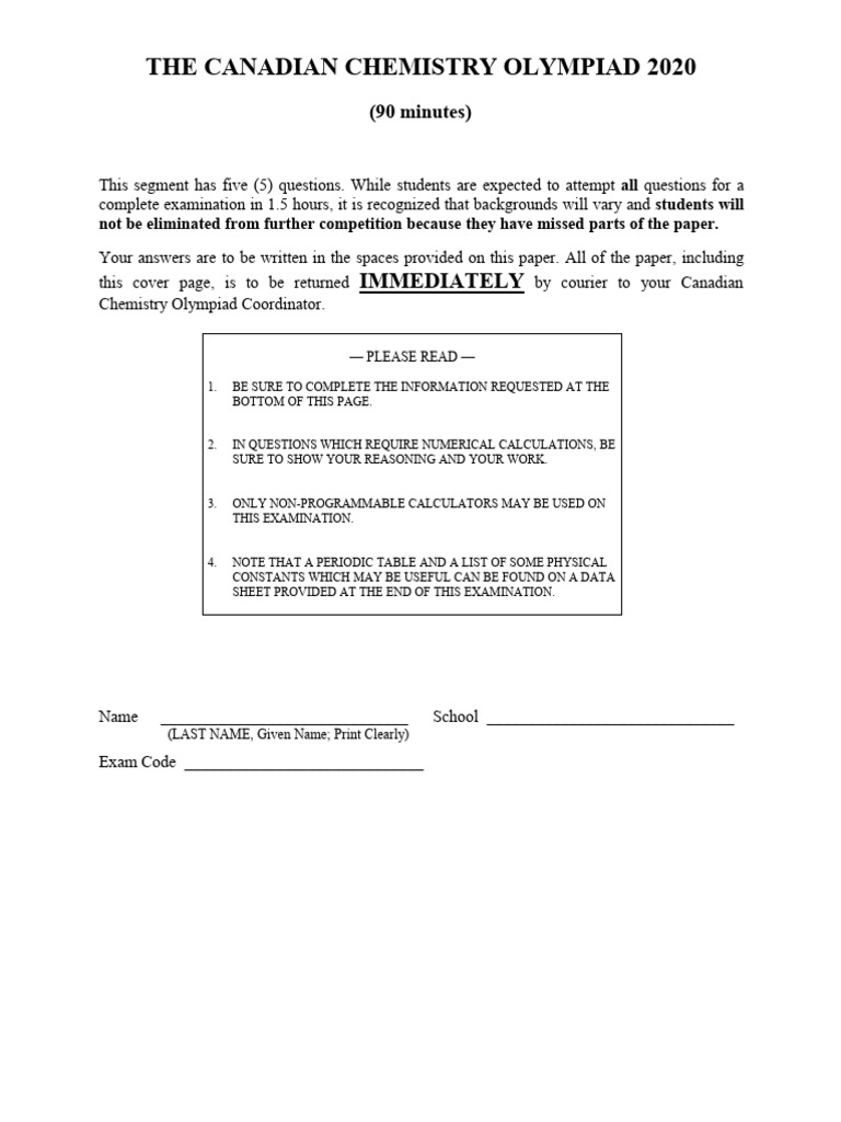 Canadian Chemistry Olympiad 2020 Exam | PDF | Coordination Complex ...