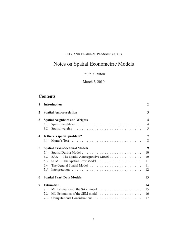Notes On Spatial Econometric Models - The Ohio State University | PDF ...