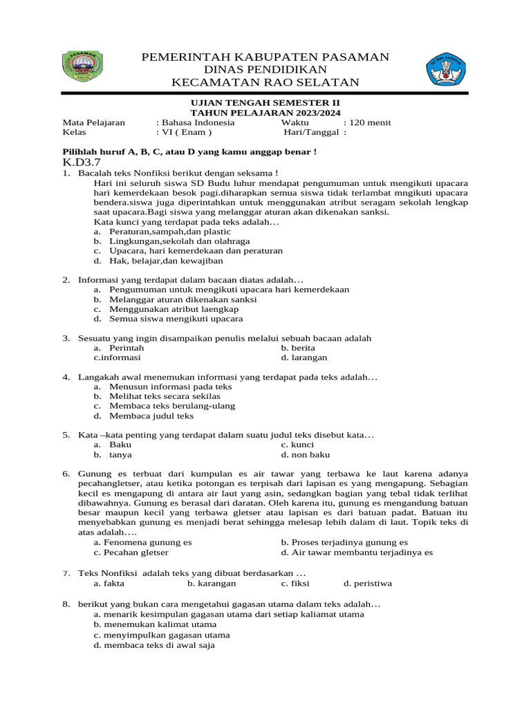 Soal PTS B.indonesia KLS Vi | PDF
