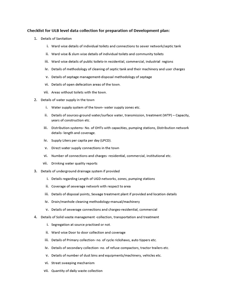 ULB Development Plan Data Checklist | PDF | Sanitary Sewer | Water Supply