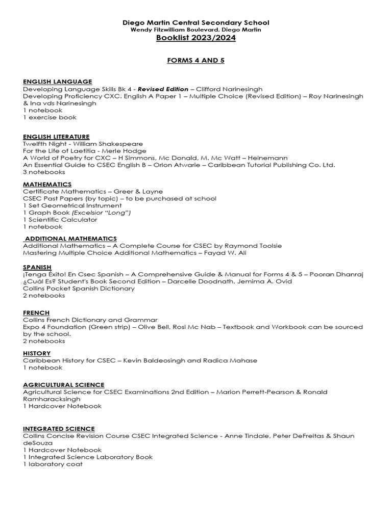 Form 4 5 Booklist 2023-2024 | PDF