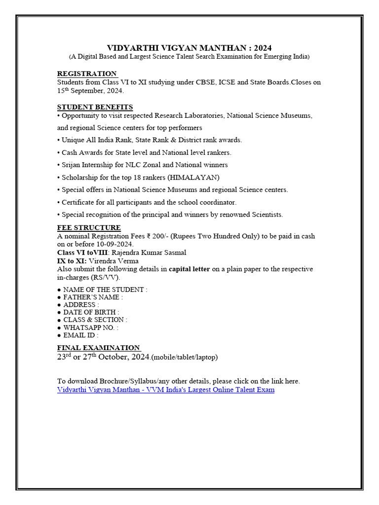 Vidyarthi Vigyan Manthan 2024: Science Talent Exam Registration | PDF