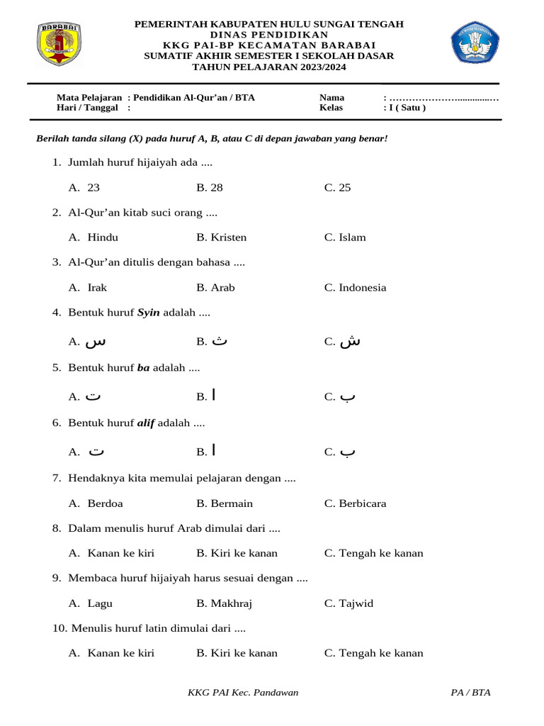 Soal PA-BTA Kelas 1-6 Gan 23-24 | PDF