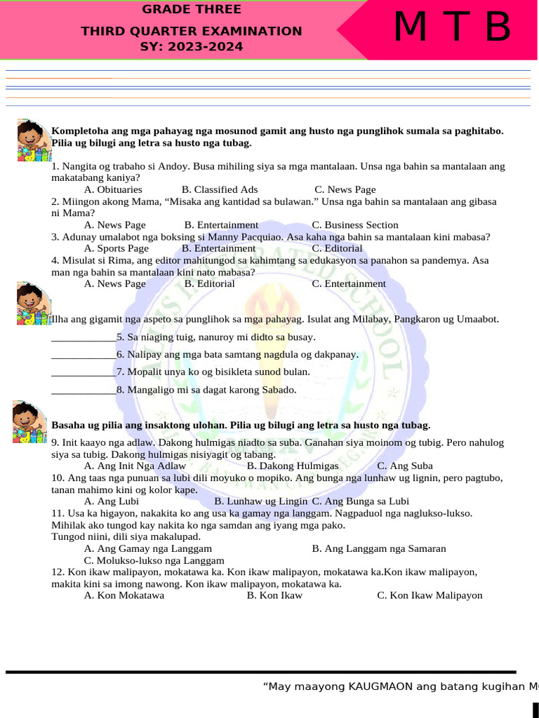 Kompletoha Ang Mga Pahayag Nga Mosunod Gamit Ang Husto Nga Punglihok ...