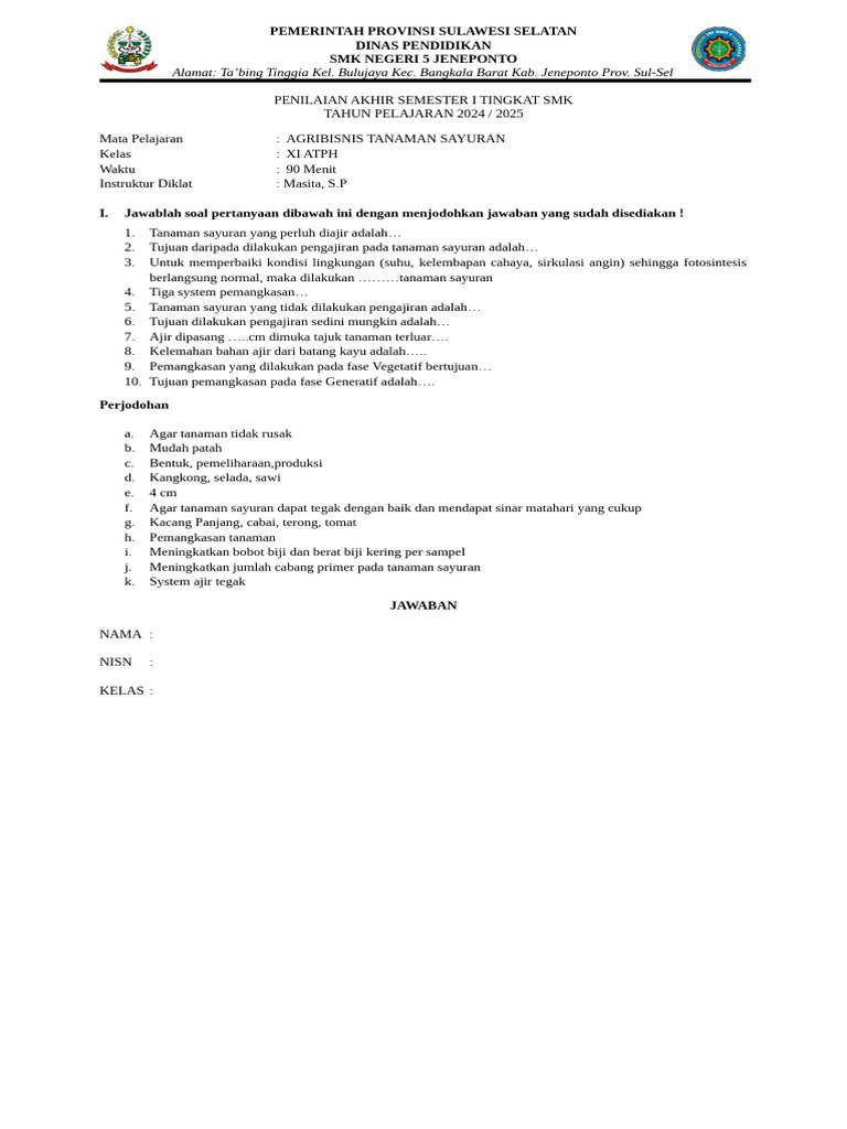 Soal Agribisnis Tanaman Sayuran Xi Atph Bu Masita | PDF
