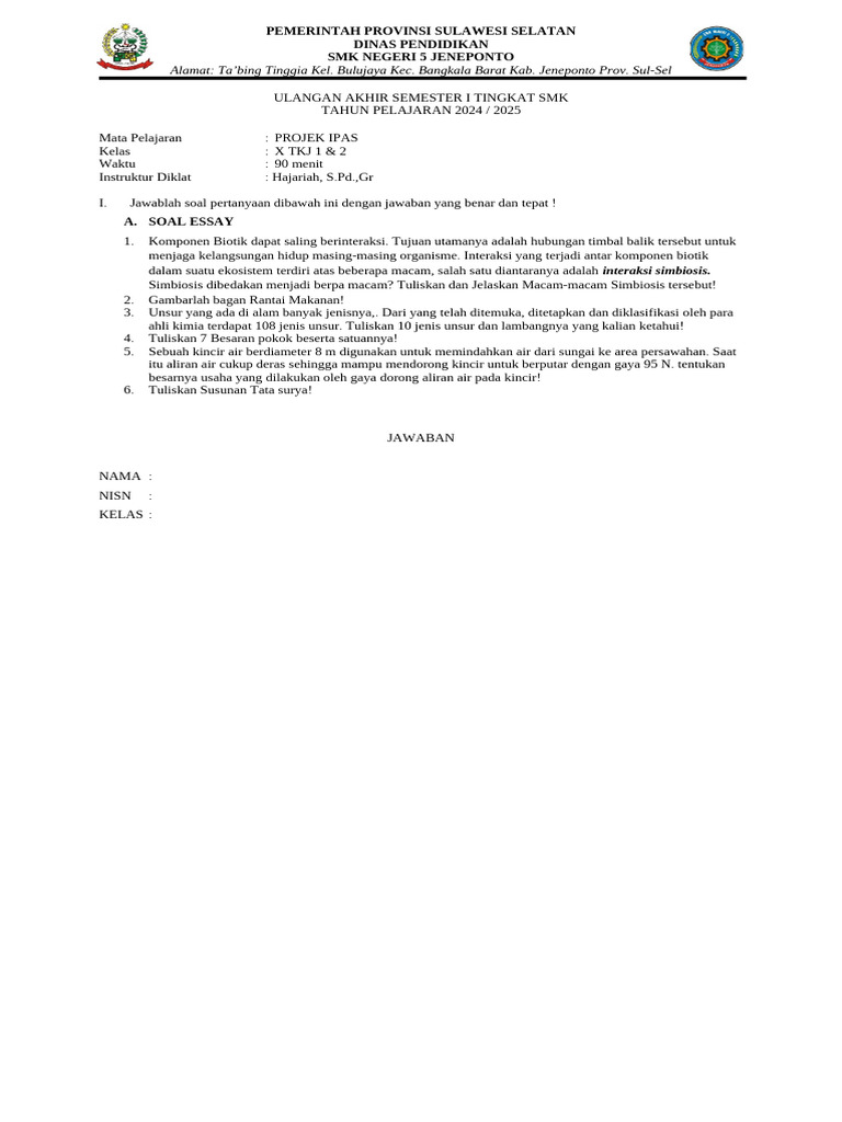 Soal IPAS Kls X TKJ 1 & 2 Bu Hajariah | PDF