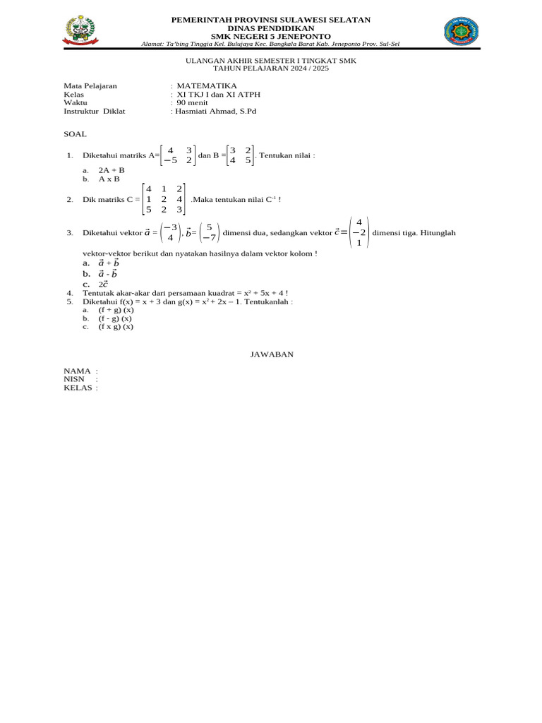 Soal MTK Kls Xi Tkj1 Dan Xi Atph Bu Hasmi | PDF