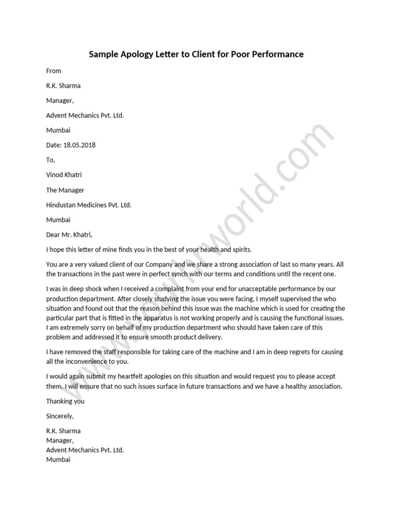 Apology Letter To Client For Poor Performance | PDF