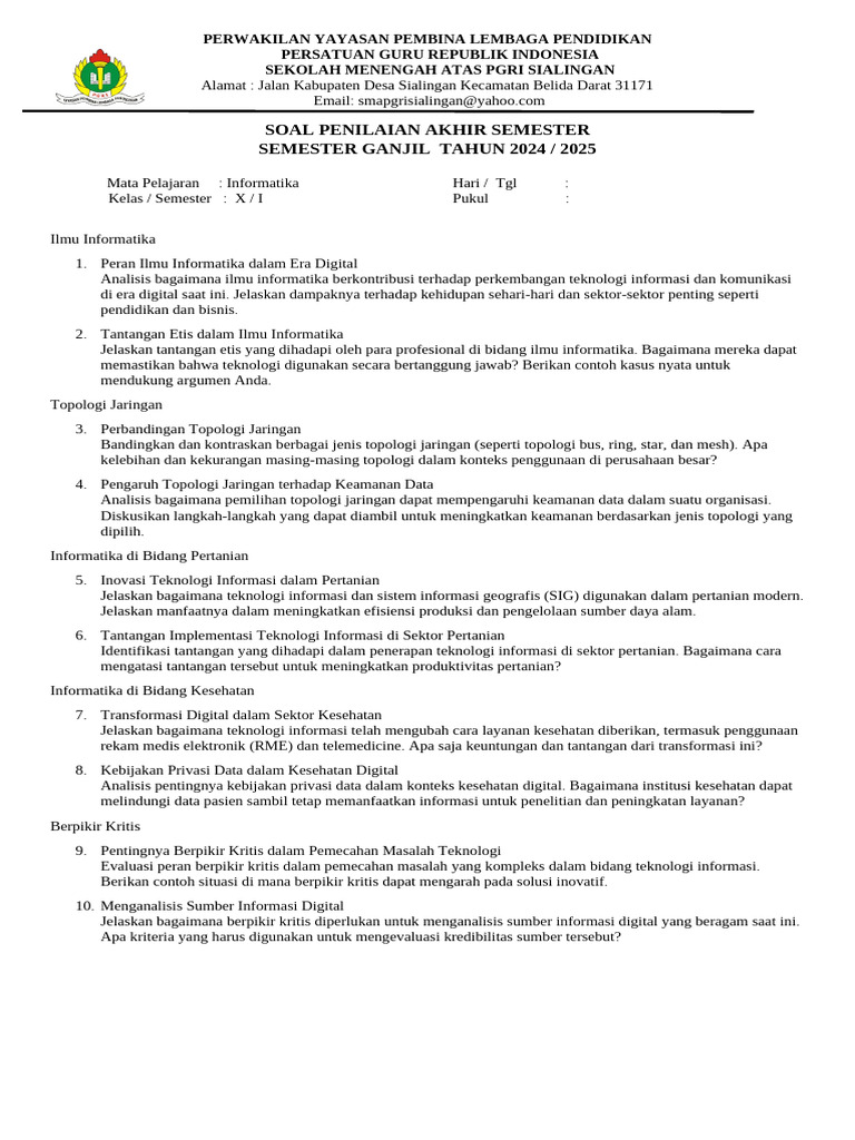 Soal Informatika Kelas 11 | PDF