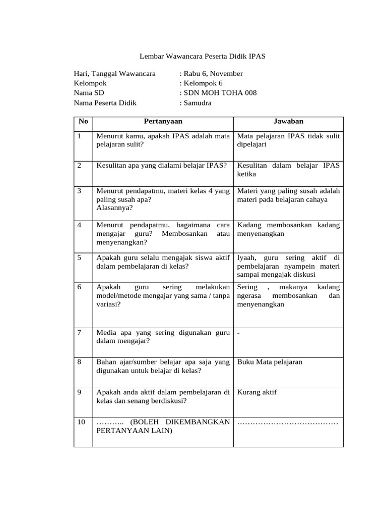 Lembar Wawancara Peserta Didik IPAS Kapita Selekta IPA (Dadan) | PDF