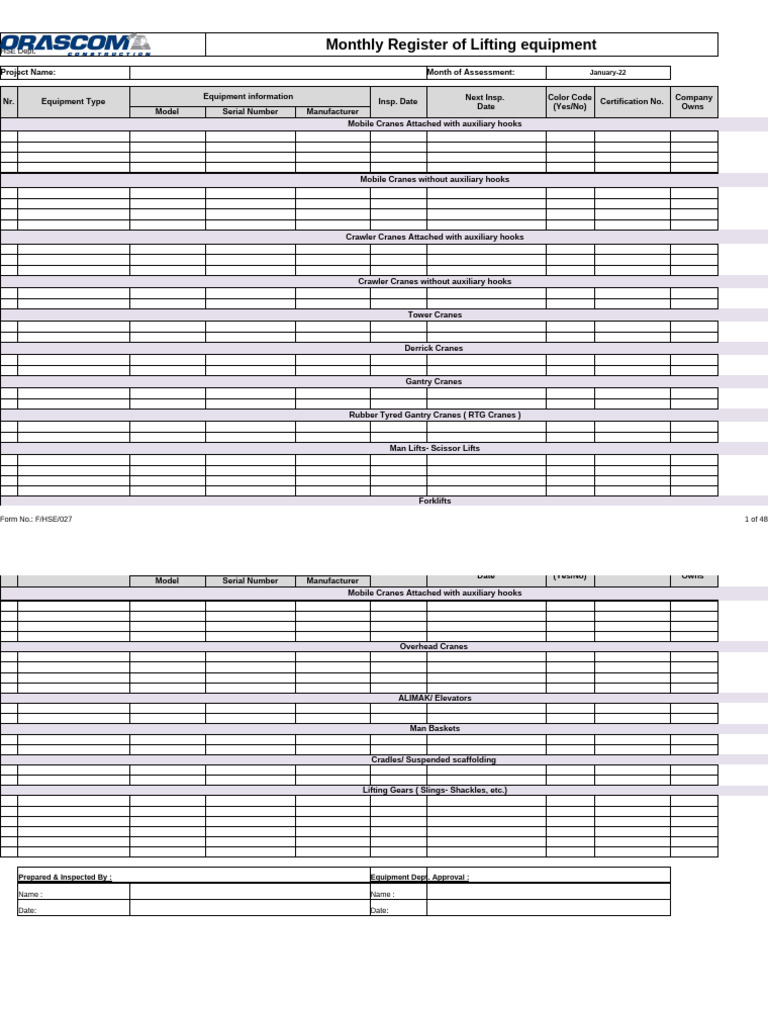 0027-Monthly Register of Lifting Equipment-2022 | PDF | Crane (Machine ...
