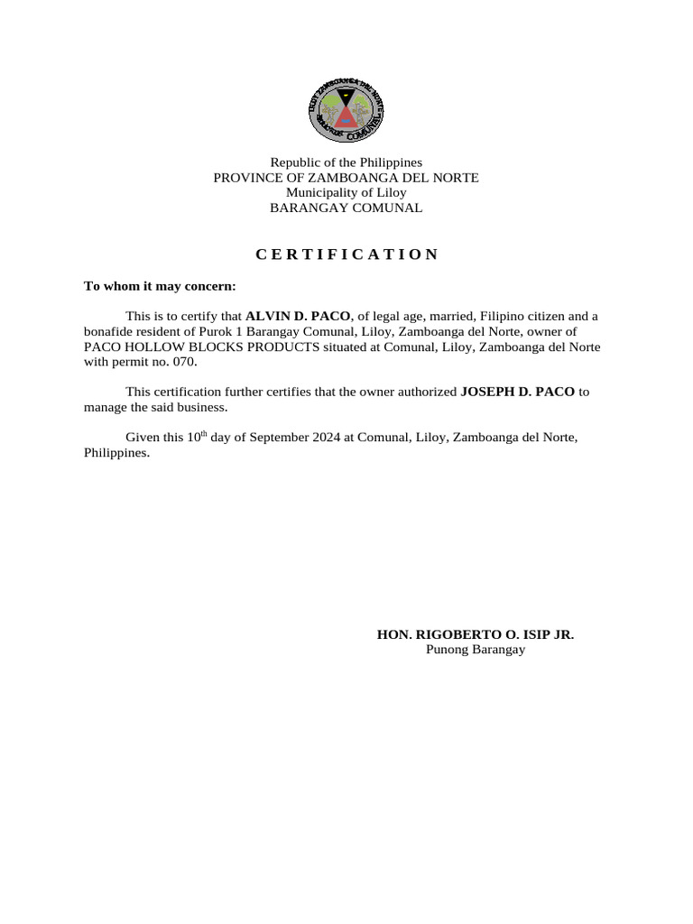 Certificate of Authorizing Business | PDF