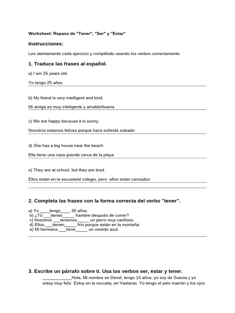 Worksheet. Year 8. Ser, Tener y Estar | PDF