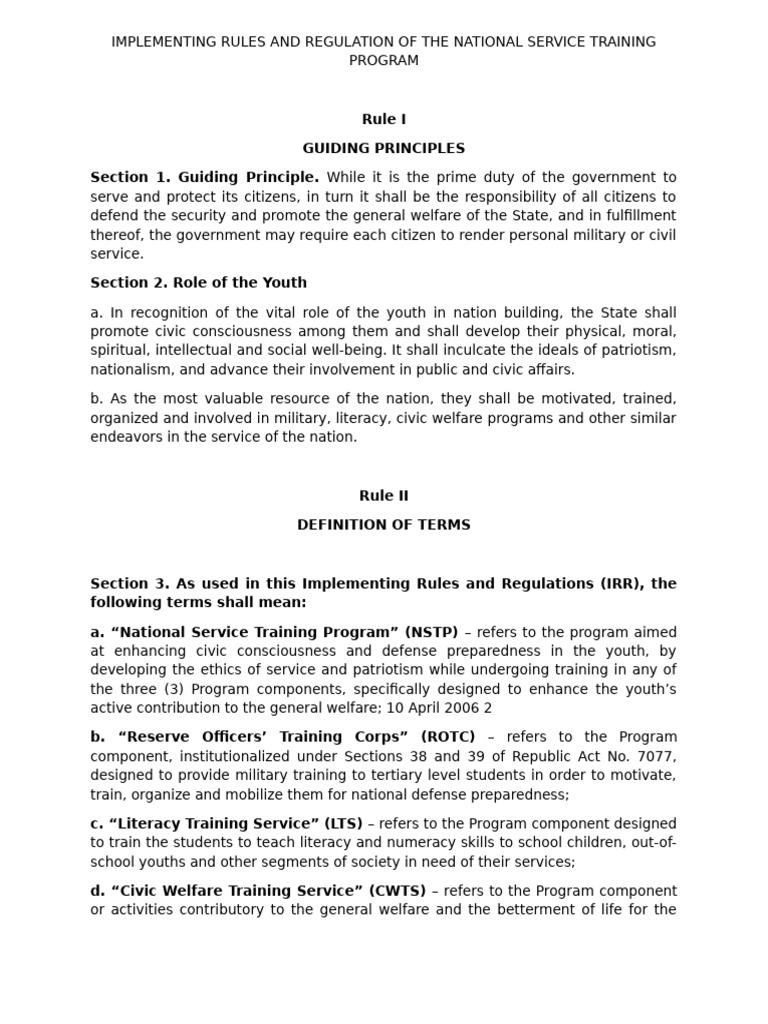 Implementing Rules and Regulation of The National Service Training ...