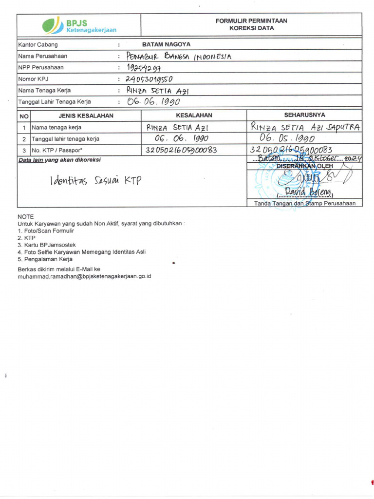 Form Koreksi Data Rinza Setia Azi Saputra | PDF