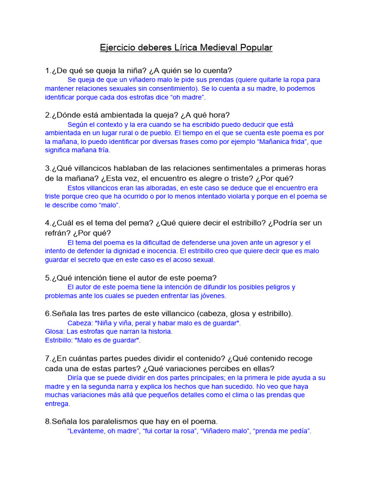 Ejercicio Deberes Lírica Medieval Popular | PDF