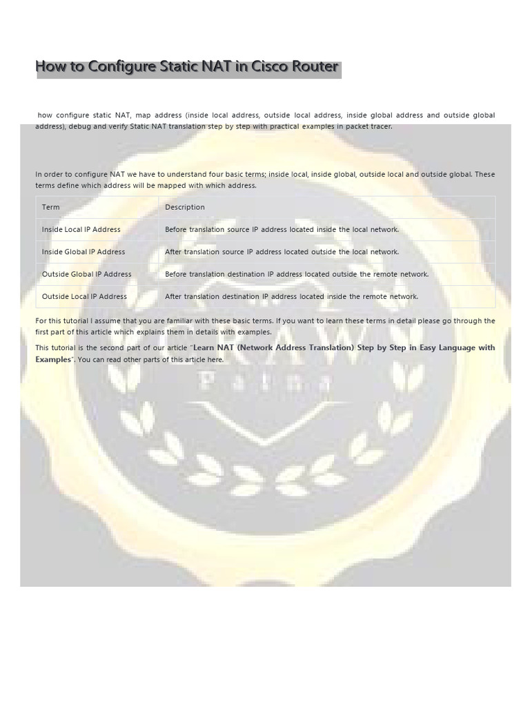 How To Configure Static Nat In Cisco Pdf Ip Address Router Computing