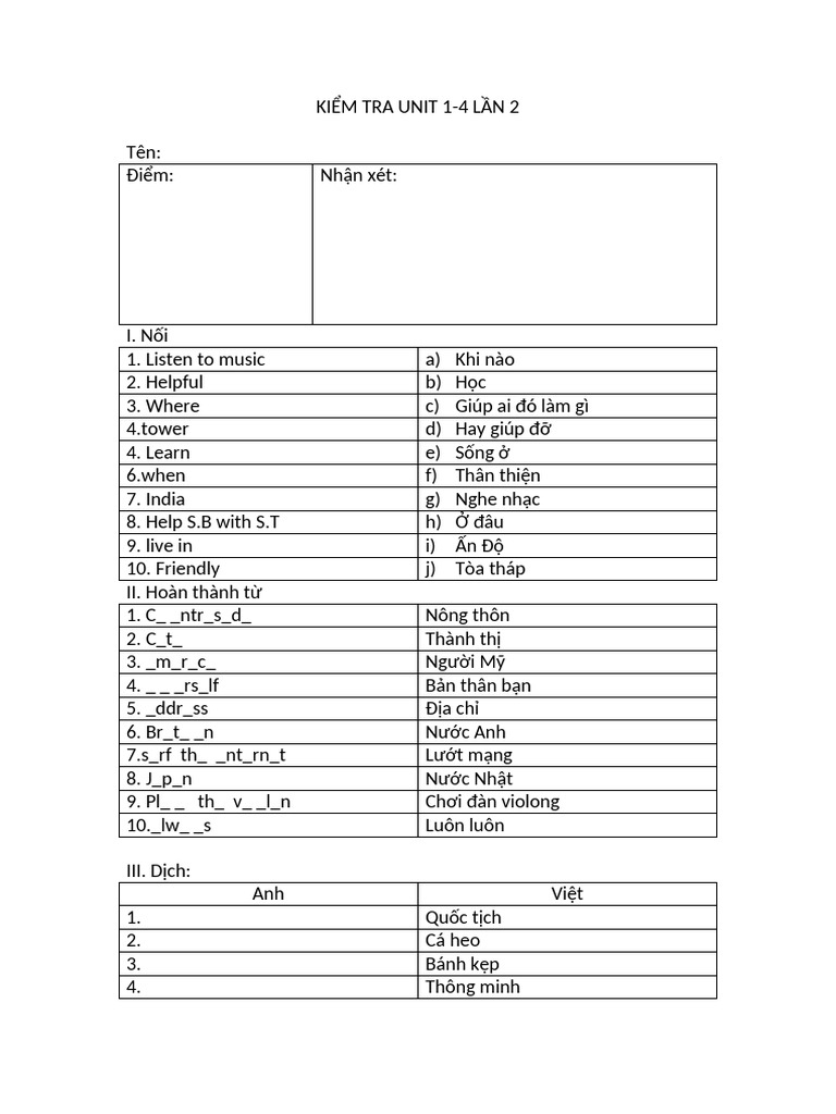 KIỂM TRA UNIT 1-4 lan 2 | PDF
