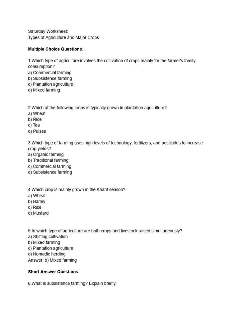 8th S.Sci. Worksheet On Types of Agriculture and Major Crops | PDF