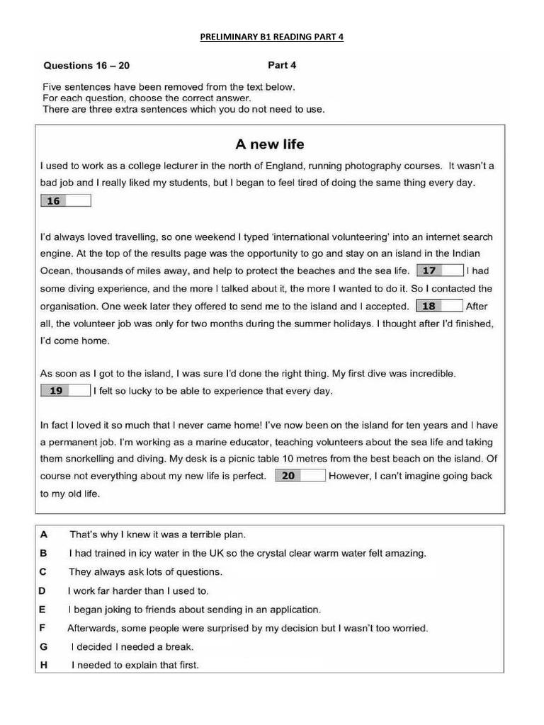 Preliminary b1 Reading Part 4 | PDF
