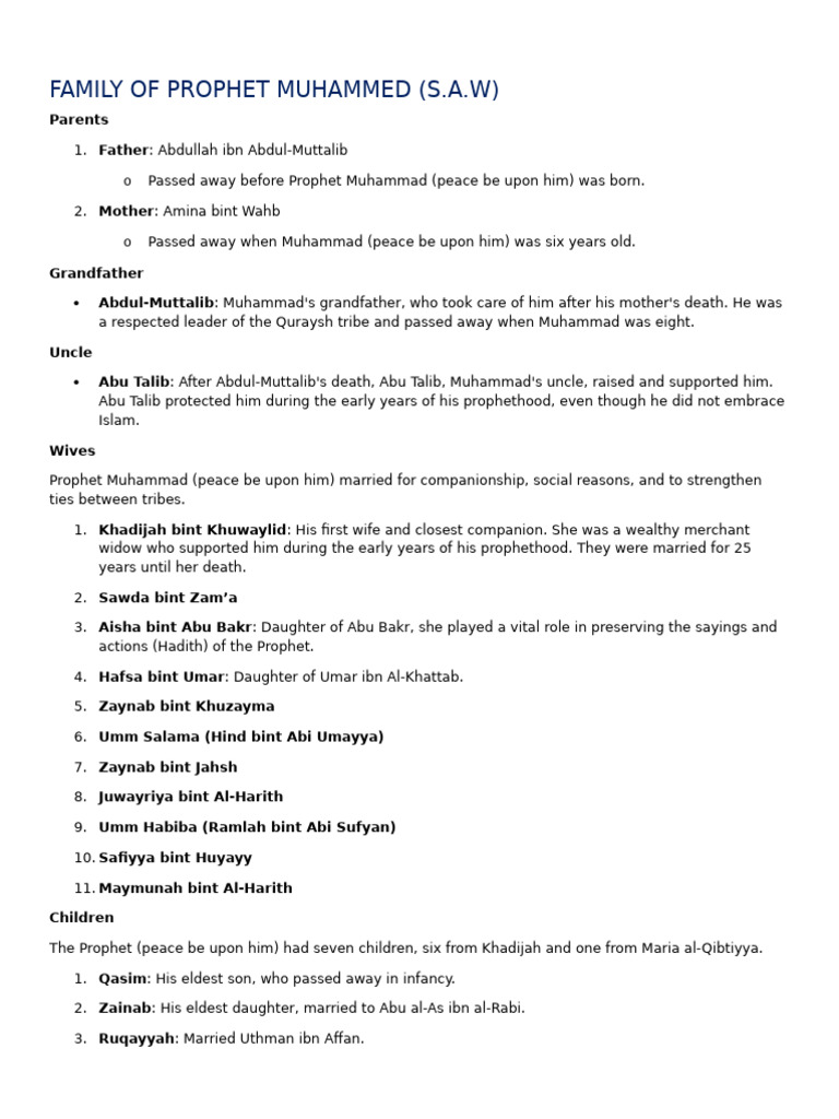 Family & Life of Prophet Muhammad | PDF | Muhammad | Ali