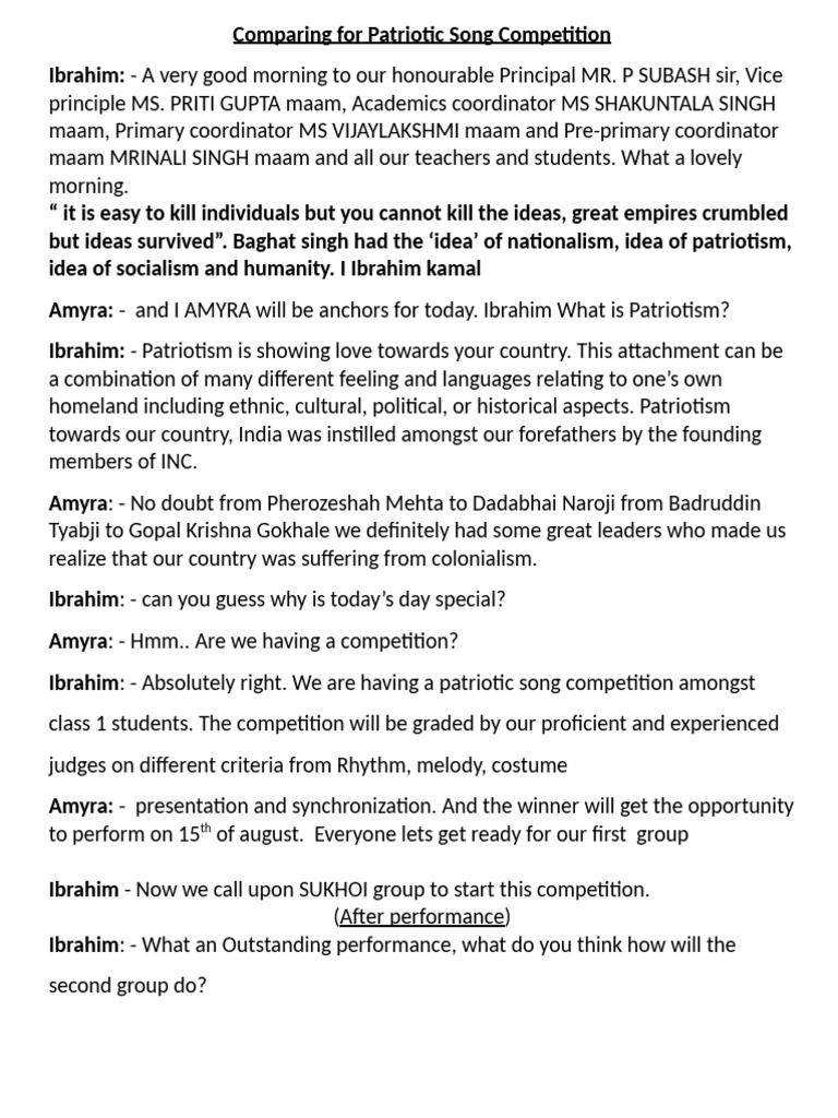 Anchoring Script for Patriotic Song Contest | PDF
