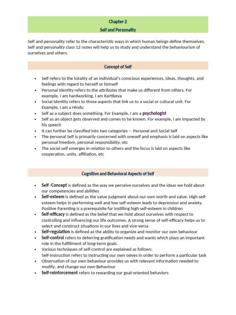 Self and Personality: Class 12 Overview | PDF | Id | Self Esteem