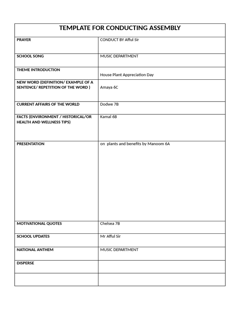 Assembly Prayer and School Updates Template | PDF