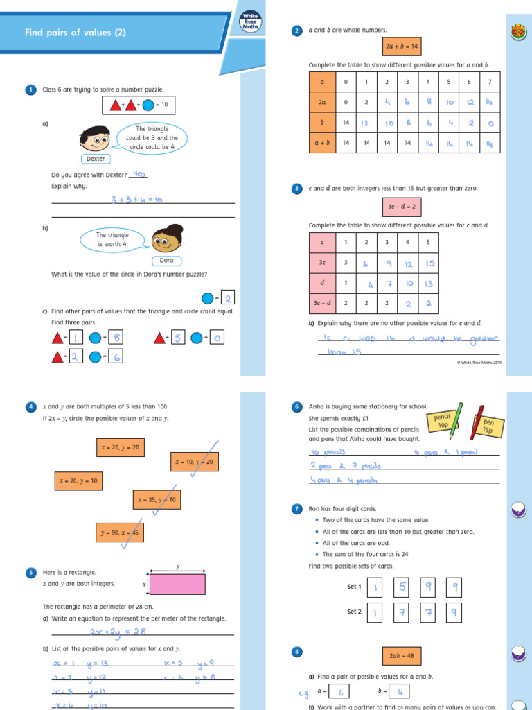 Find Pairs of Values 2 Answers | PDF | Mathematics | Elementary Mathematics