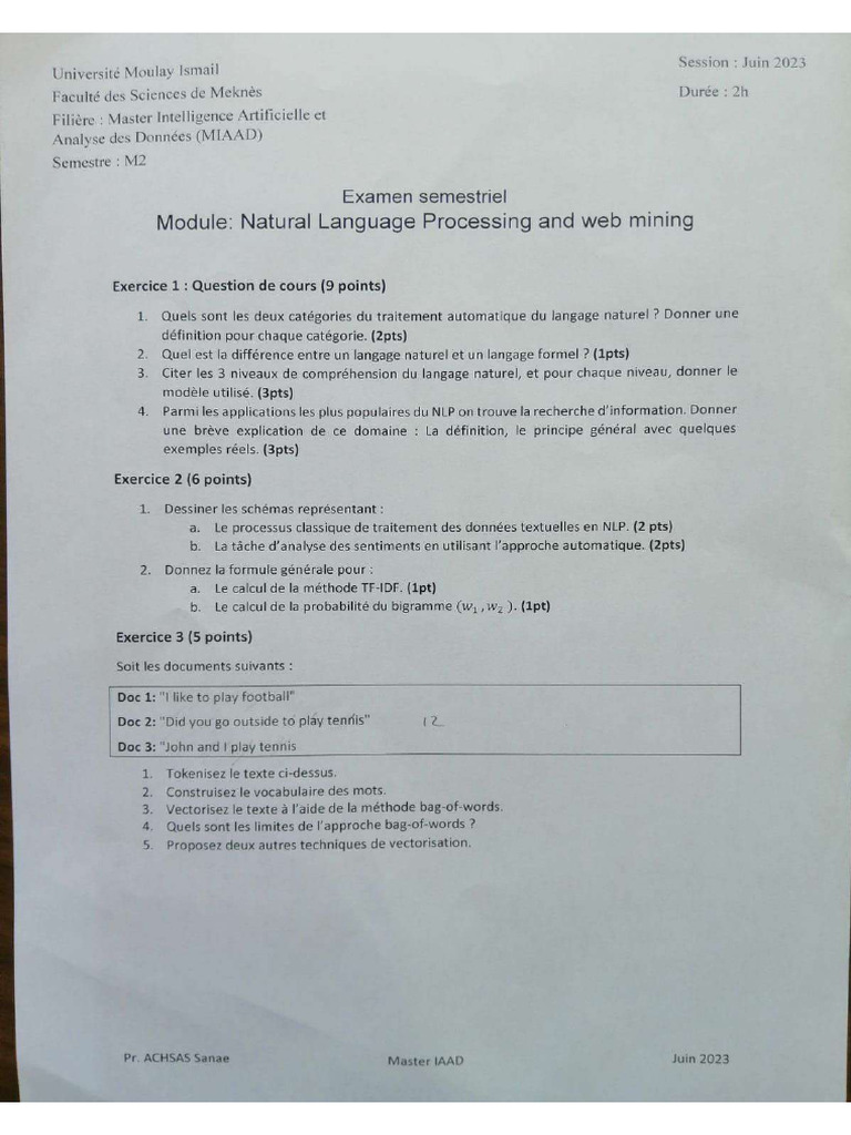 NLP Exam Session Ordinaire MIAAD 2022-2023 | PDF