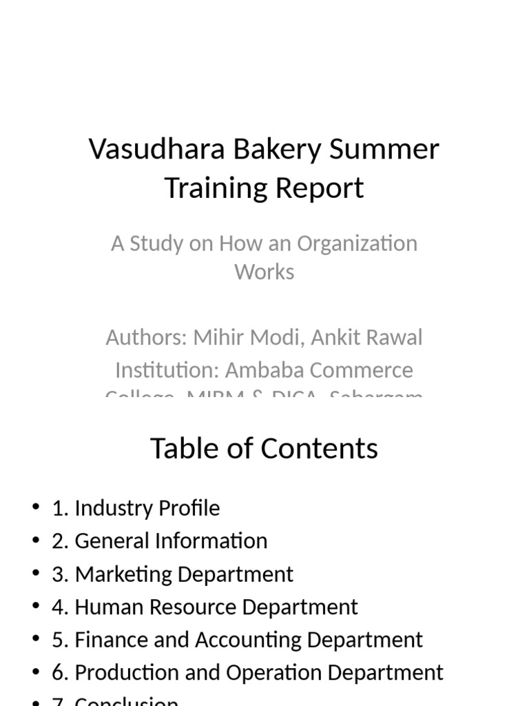Vasudhara Bakery Summer Training Report | PDF