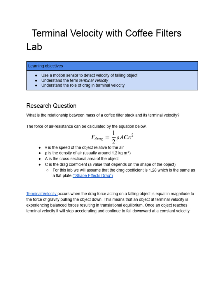 Drag Coefficient and Terminal Velocity of Coffee Filters | PDF | Force ...