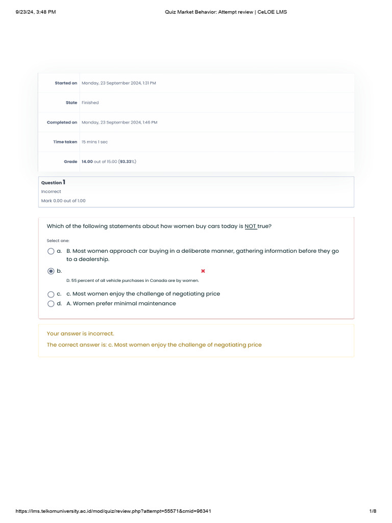 Quiz Market Behavior - Attempt Review - CeLOE LMS | PDF | Consumer Behaviour | Behavior