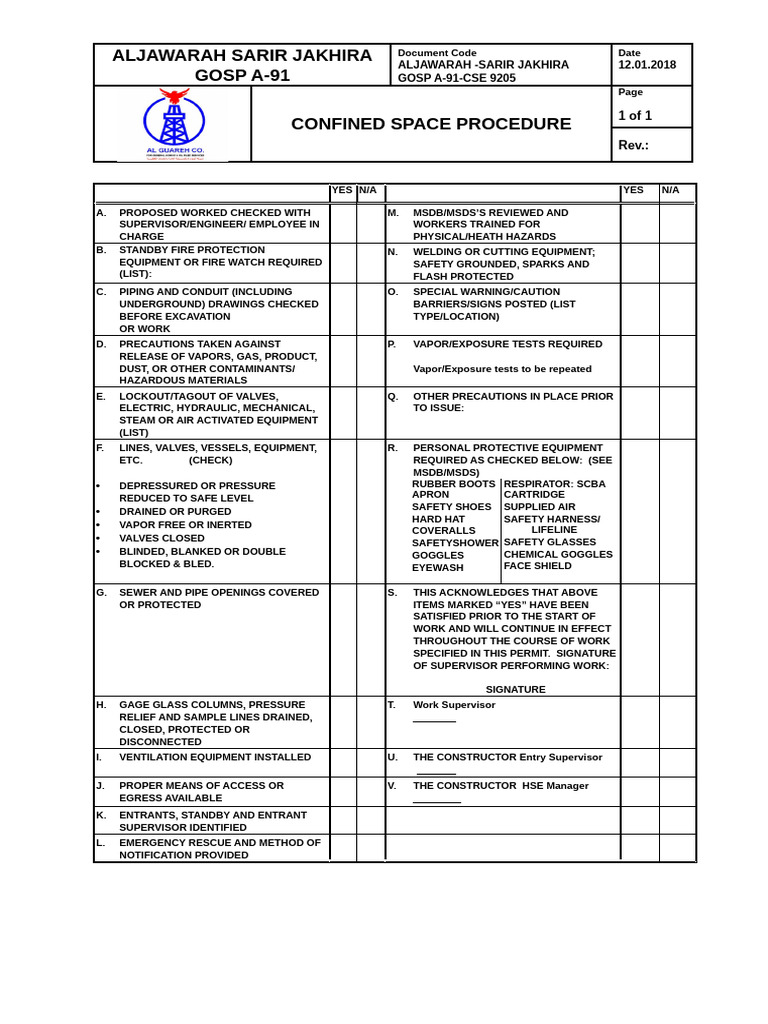 ALJAWARAH SARIR JAKHIRA GOSP A-91-CSE 9205 - Confined Space Checklist ...