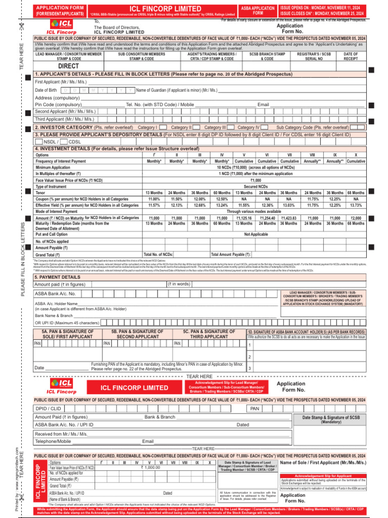 ICL Fincorp NCD Application Form | PDF | Interest | Securities (Finance)