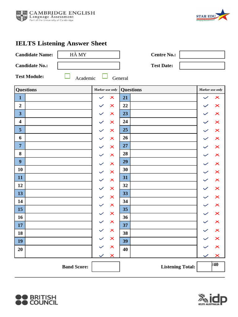 SIEC Star Edu - IELTS Listening Answer Sheet (New) | PDF