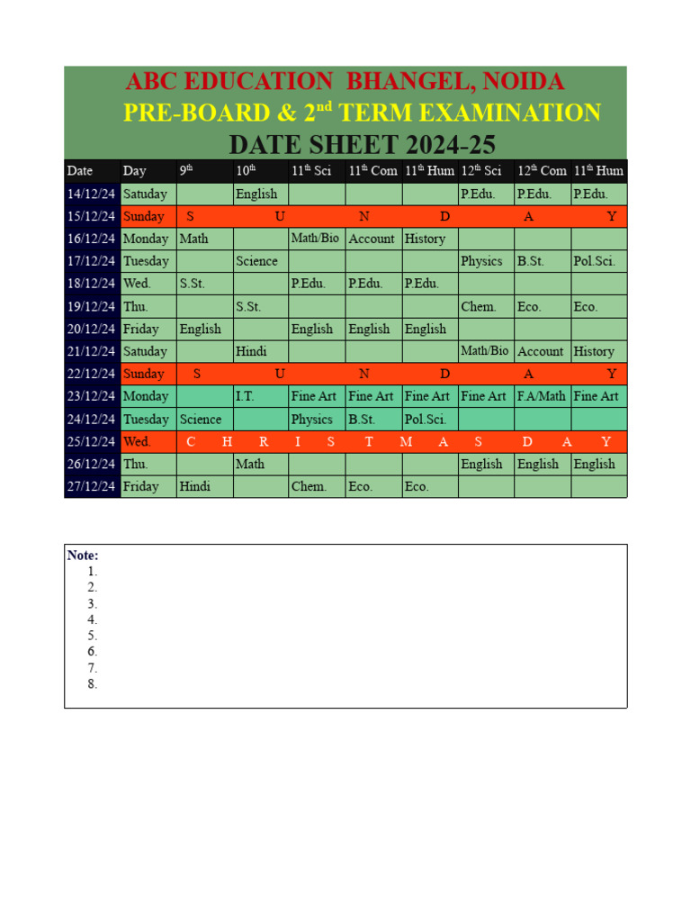ABC Education Noida Exam Date Sheet 2024-25 | PDF