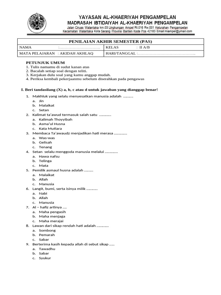 Soal Akidah Akhlaq Kelas 2 | PDF