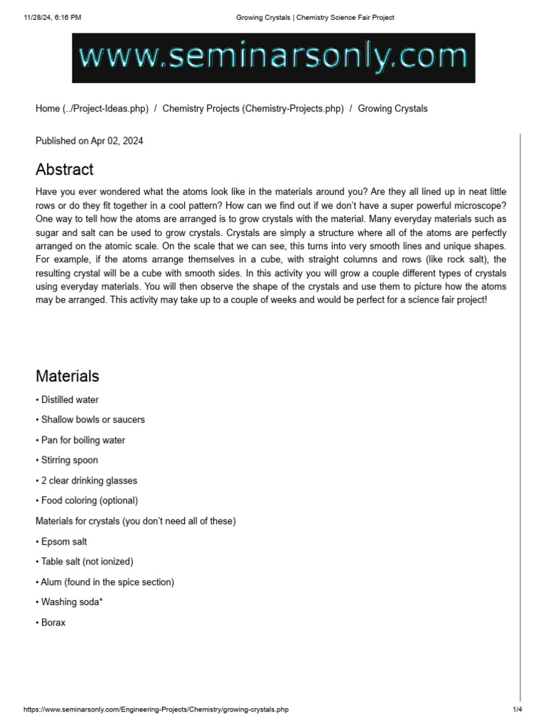 Growing Crystals - Chemistry Science Fair Project | PDF | Crystal | Water