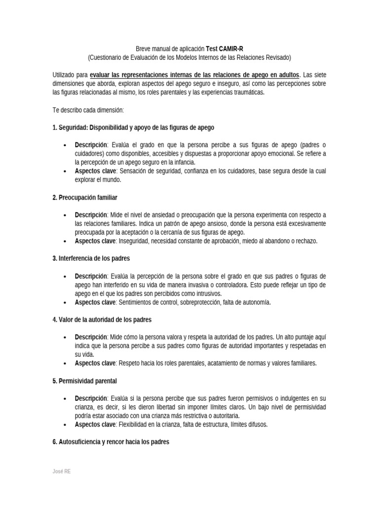 Manual Test CAMIR-R: Evaluación Apego | PDF | Teoría de apego ...