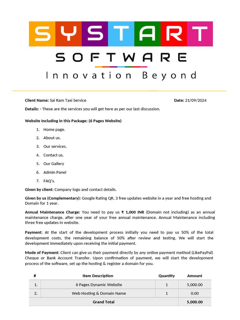 Sai Ram Taxi Service Quotation | PDF | Payments | Computing