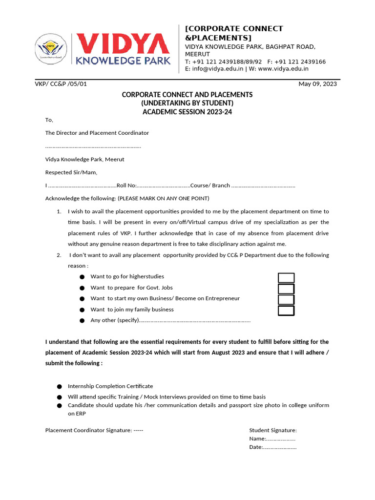 Student Undertaking Session 2023-24 | PDF